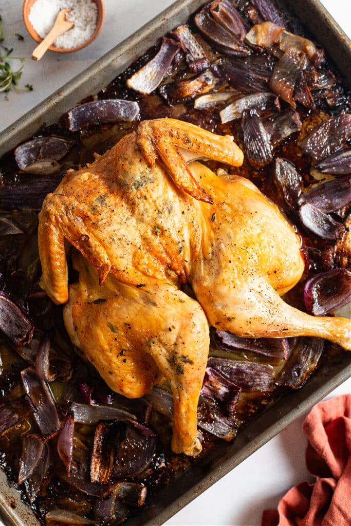Butterflied Roast Chicken with Red Onions - Deliciously Organic