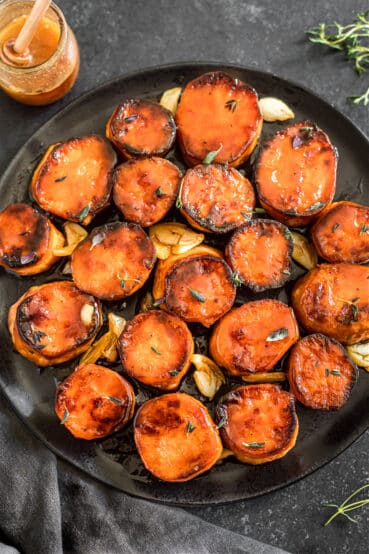 Honey-Garlic Roasted Sweet Potatoes - Deliciously Organic - Carrie ...